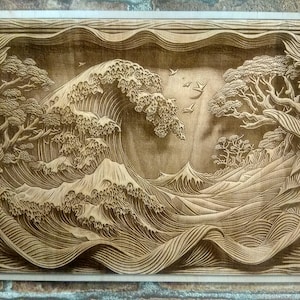 The Great Wave, 3D Illusion Wood Laser Engraving Japanese Wall Art - Etsy