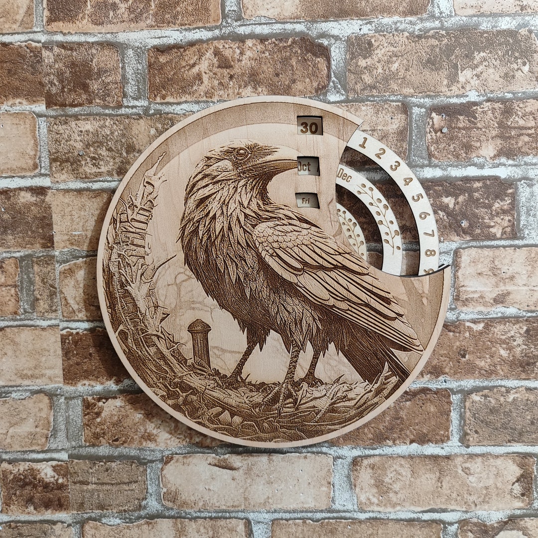 Perpetual Calendar, Crow Art, Yearly Wall Calendar, 2025 Wall Calendar, 3D Illusion Wood Laser ...