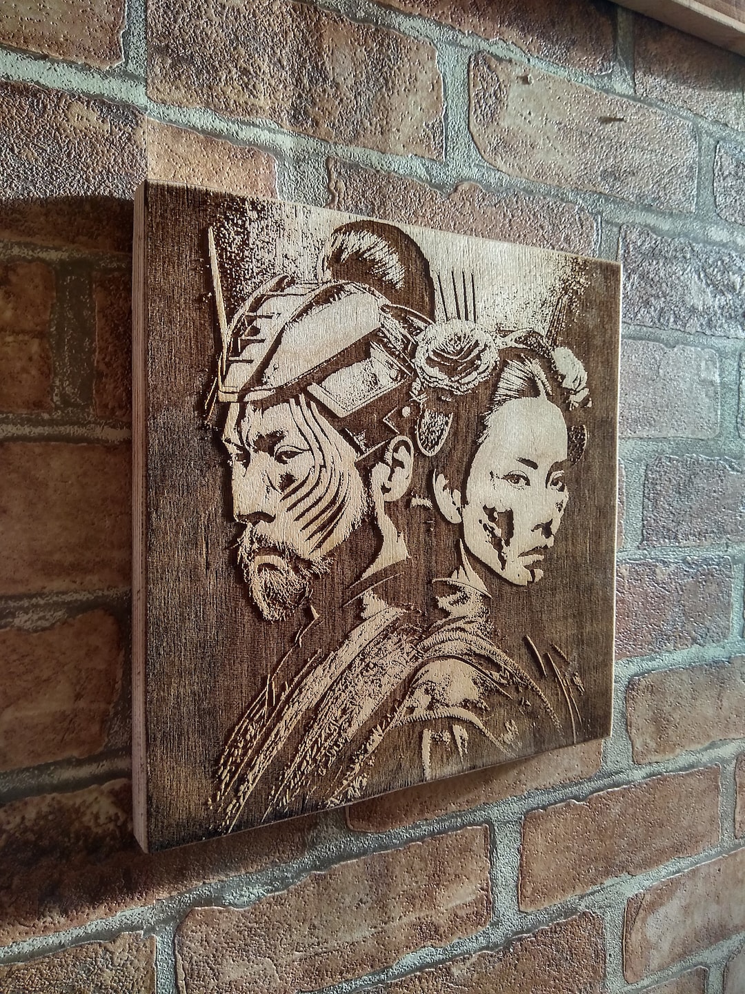 Wood Burning Japanese Samurai and Geisha, Laser Engraved Japanese Sign ...