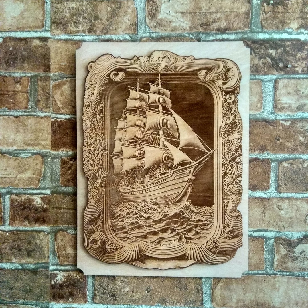 Sailing Ship 3D Illusion Wood Burning Art, Laser Engraved Nautical Wall ...