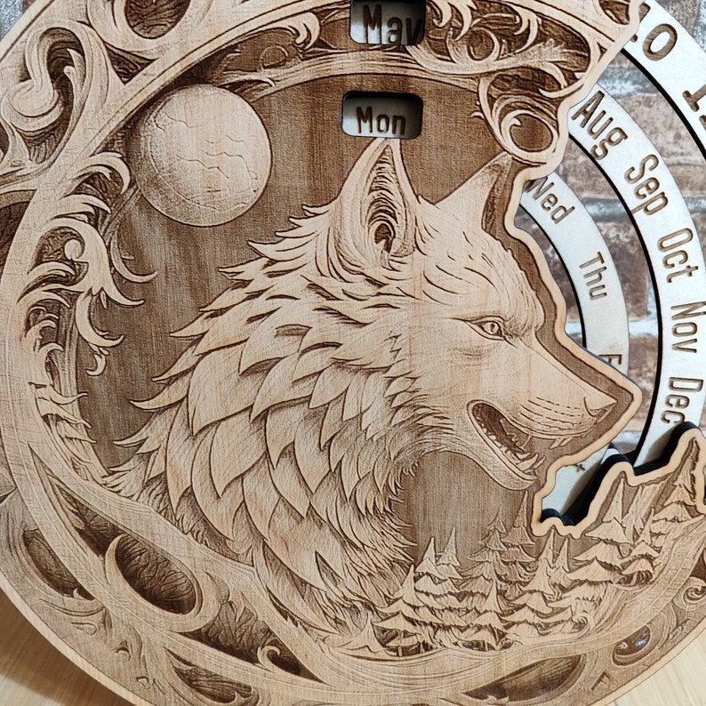 Wolf Perpetual Calendar: 3D Illusion Laser Engraved Wood, Celestial ...
