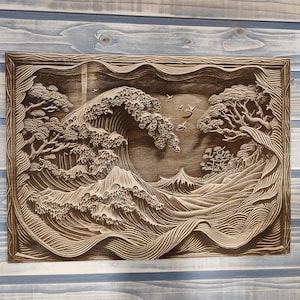 The Great Wave, 3D Illusion Wood Laser Engraving Japanese Wall Art - Etsy