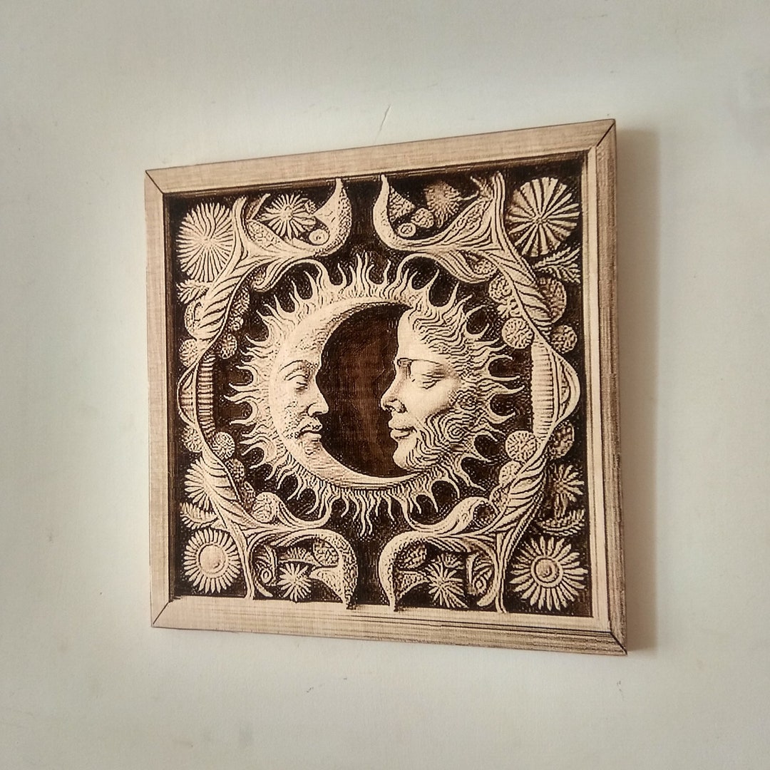 Wood Burning Sun and Moon Face Wall Decor, Sun Moon Stars Laser ...
