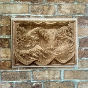The Great Wave, 3D Illusion Wood Laser Engraving Japanese Wall Art - Etsy