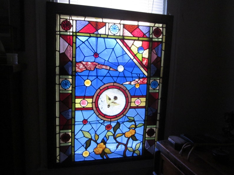 1 C.1890 Aesthetic Antique Stained Glass Window, 16 Large Jewels and ...