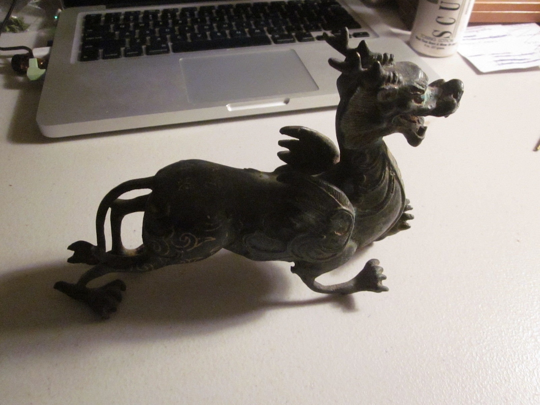 1 Antique Bronze Winged Dragon Statue W/gold Accents - Etsy