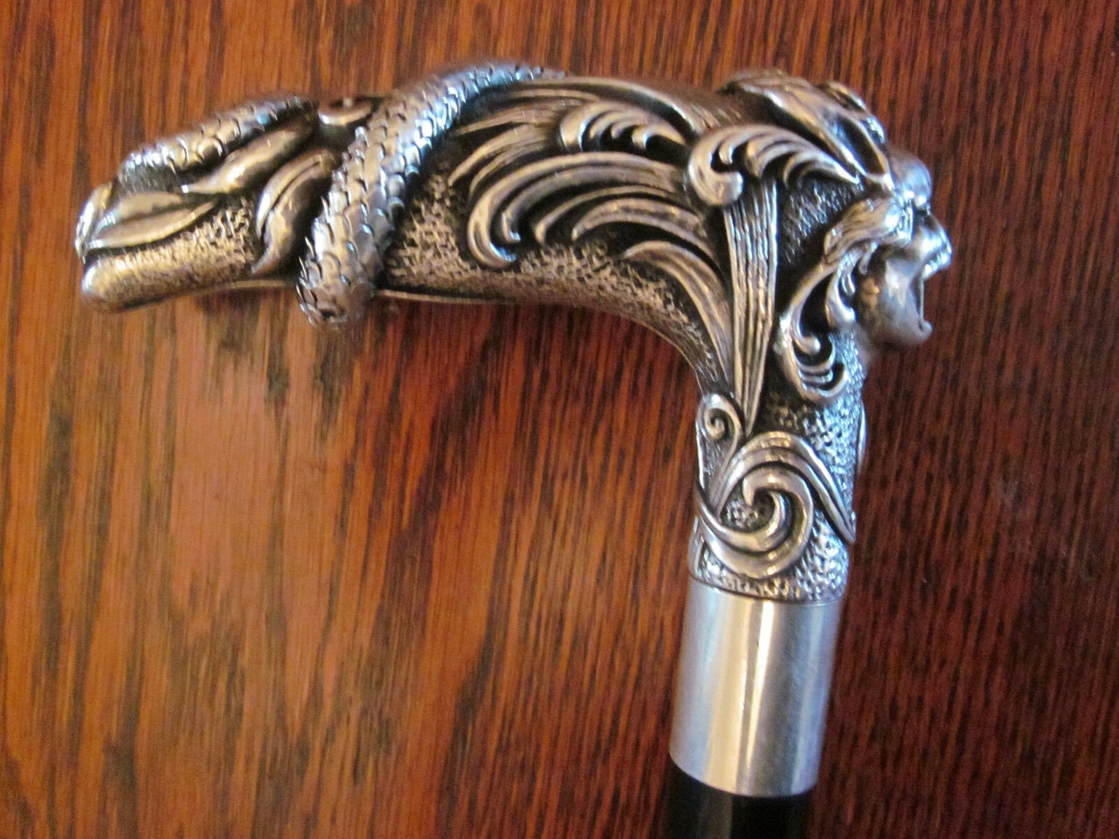 1 Antique Art Nouveau Ebonized Cane W/ a Solid Silver Gothic Gargoyle W ...