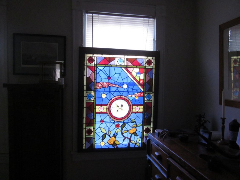 1 C.1890 Aesthetic Antique Stained Glass Window, 16 Large Jewels and ...