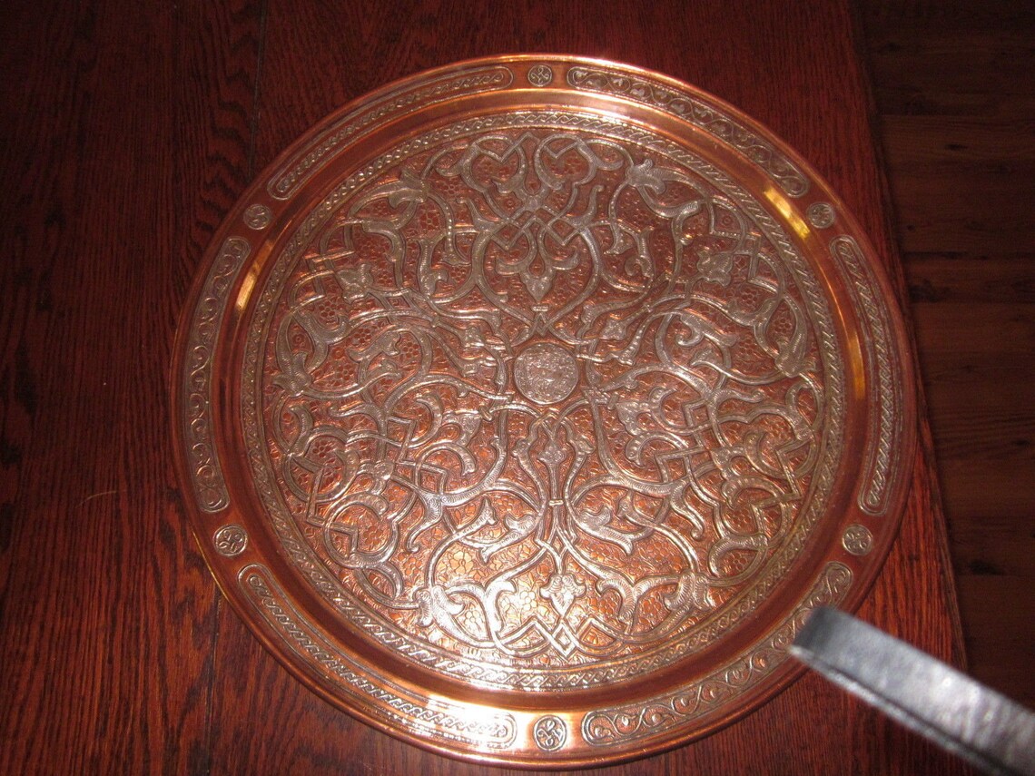 1 Antique Cairo-ware/damascene Tray / Charger, Copper / Bronze W ...