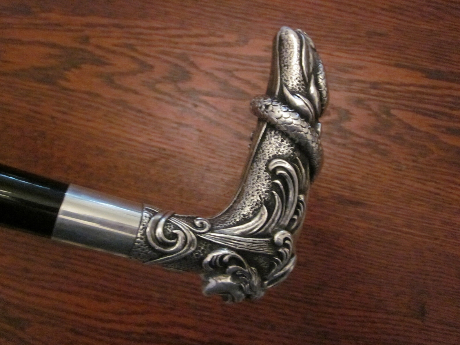 1 Antique Art Nouveau Ebonized Cane W/ a Solid Silver Gothic Gargoyle W ...