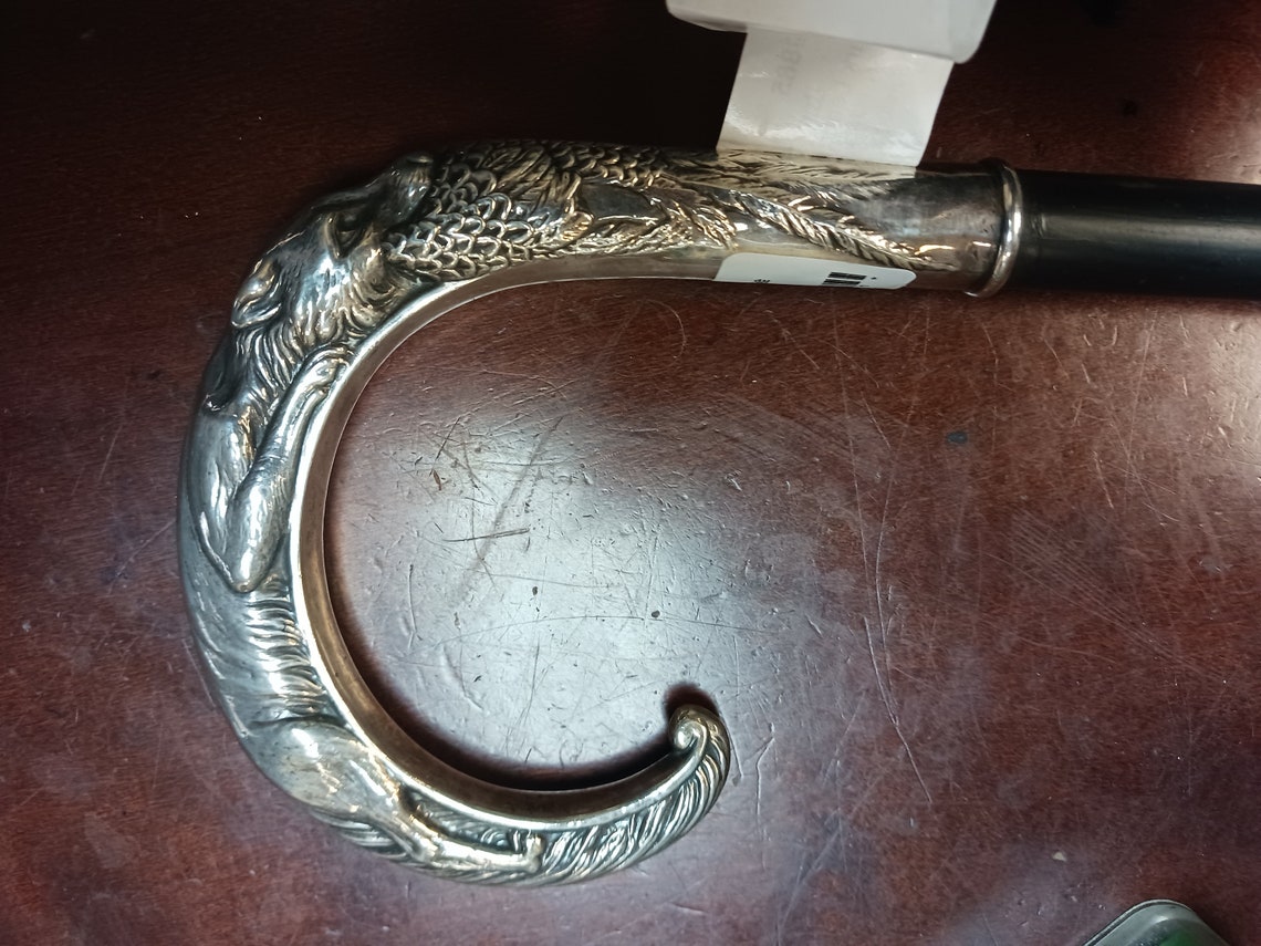 1 Antique Sterling Silver Fox and Turkey Handled Hooked Ebony Cane ...