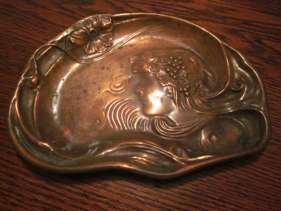 1 Antique Red Bronze/copper Art Nouveau Card Tray or Receiver, Maiden ...
