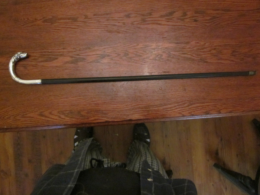 1 Well Used Antique Ebony Hooked Cane, W/ a Sterling Silver Greyhound ...