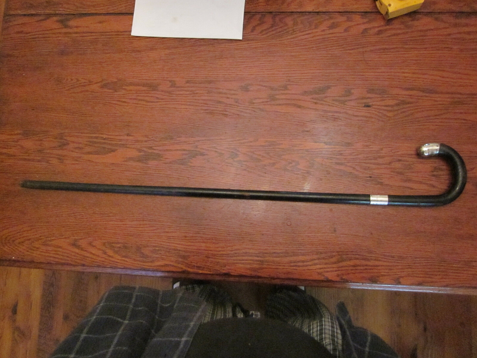 1 C.1932 Ebony Hooked Cane, W/ Sterling Silver Collar and Hook Tip but ...