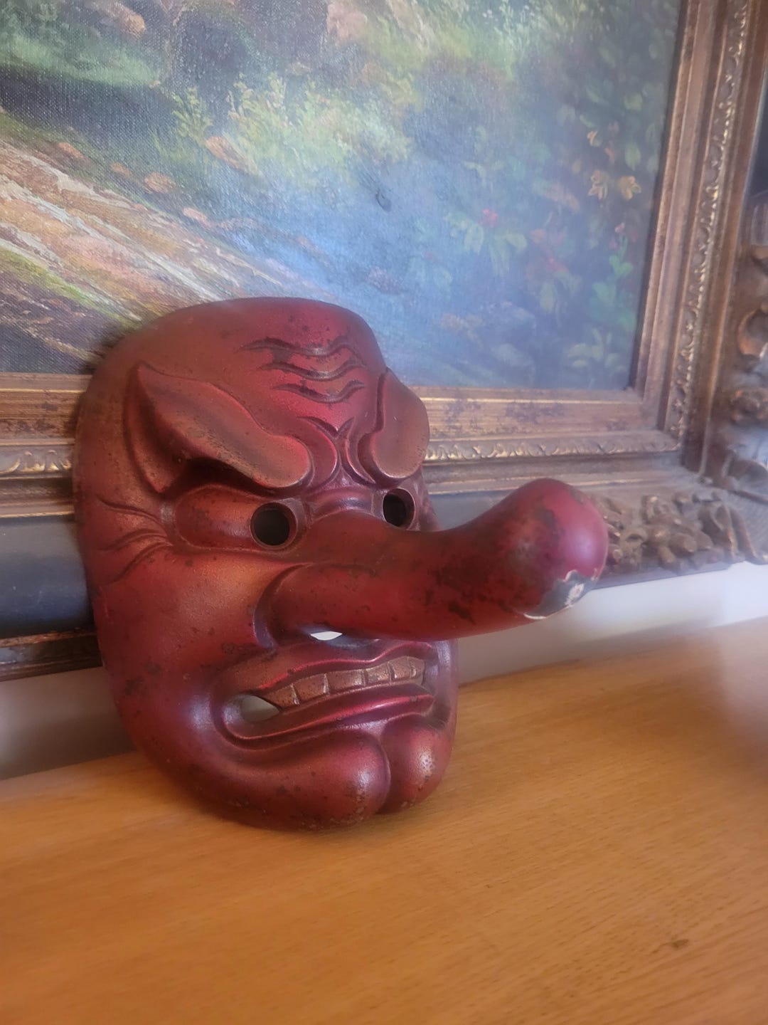 1 Vintage to Antique Cast Iron Japanese Tengu Mask, Red - Etsy