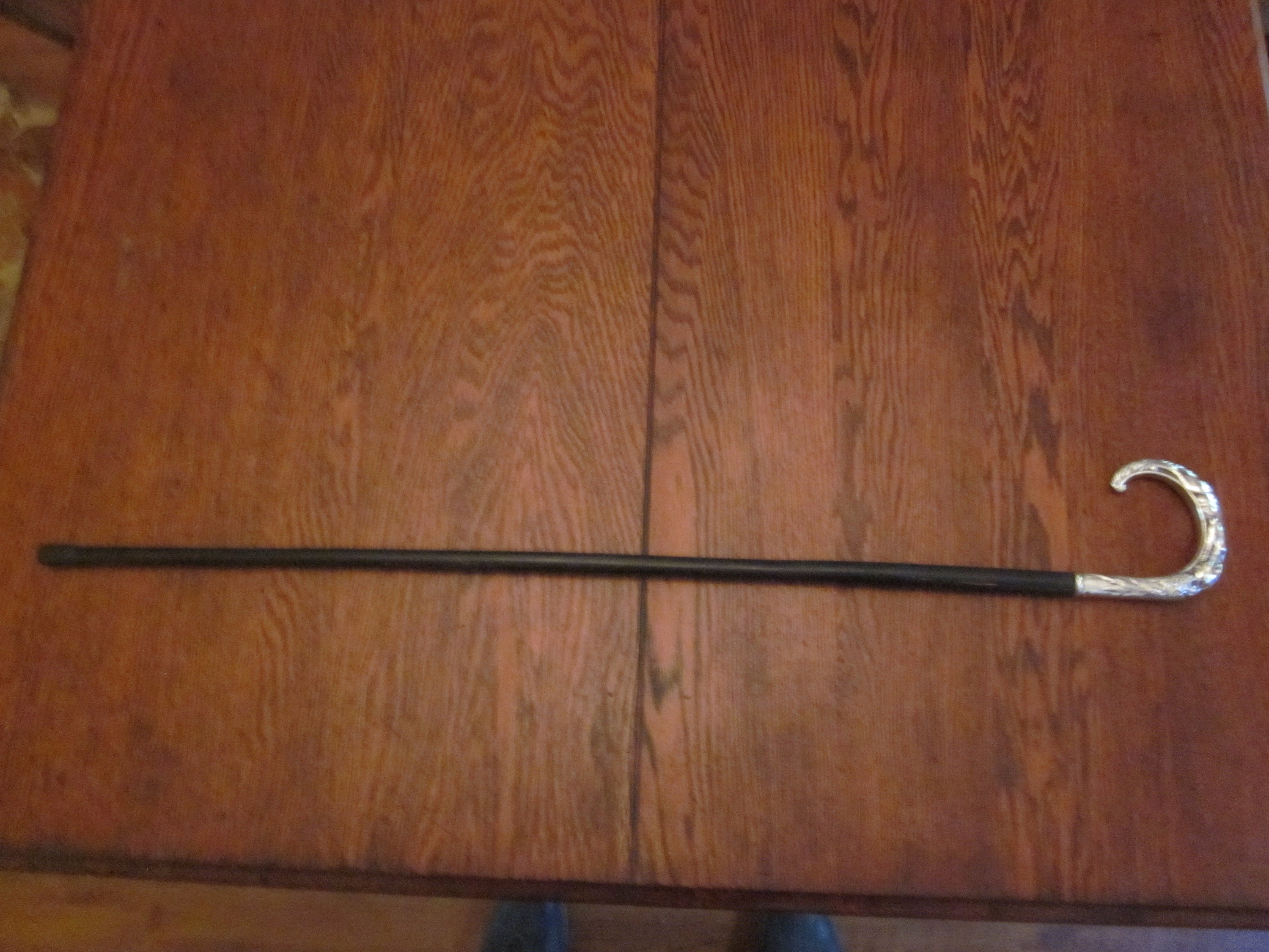 1 Antique Sterling Silver Fox and Turkey Handled Hooked Ebony Cane ...