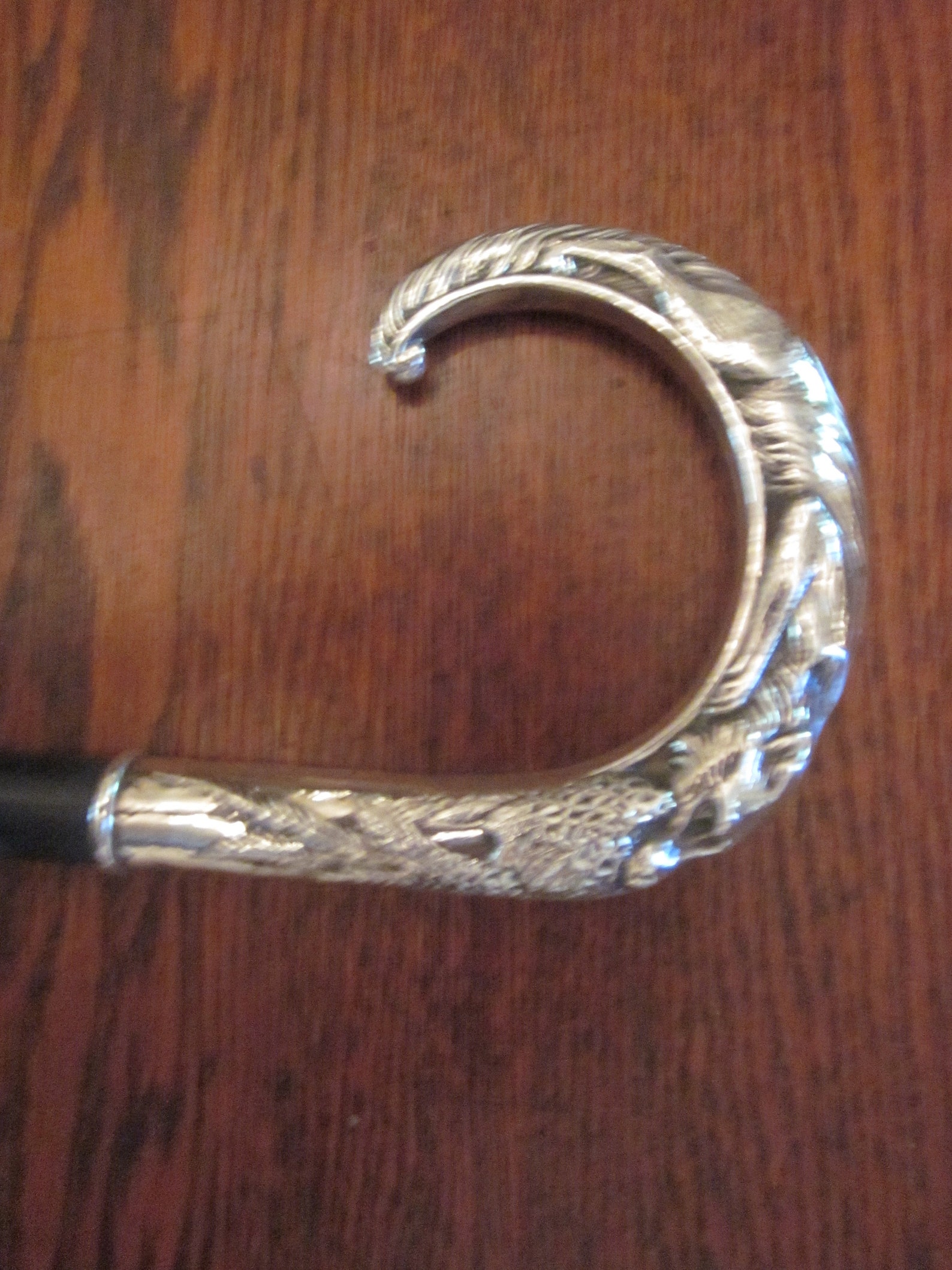 1 Antique Sterling Silver Fox and Turkey Handled Hooked Ebony Cane ...