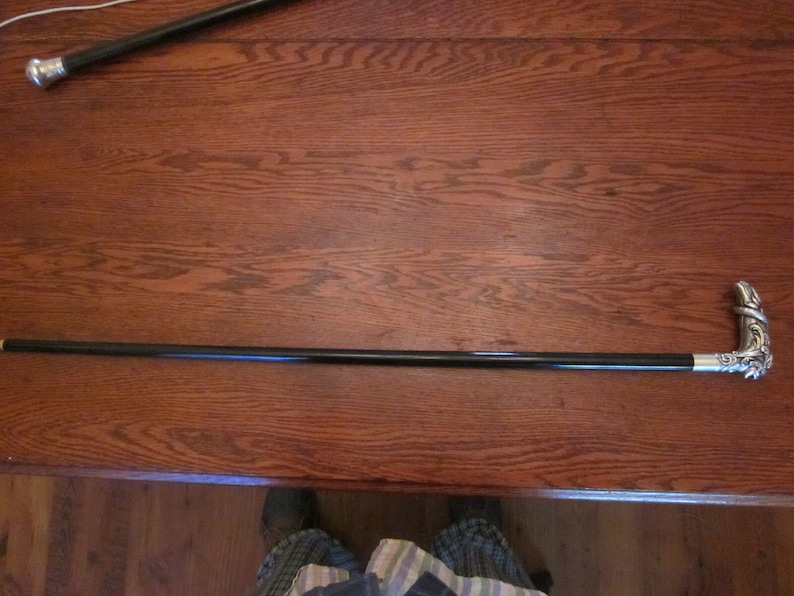 1 Antique Art Nouveau Ebonized Cane W/ a Solid Silver Gothic Gargoyle W ...