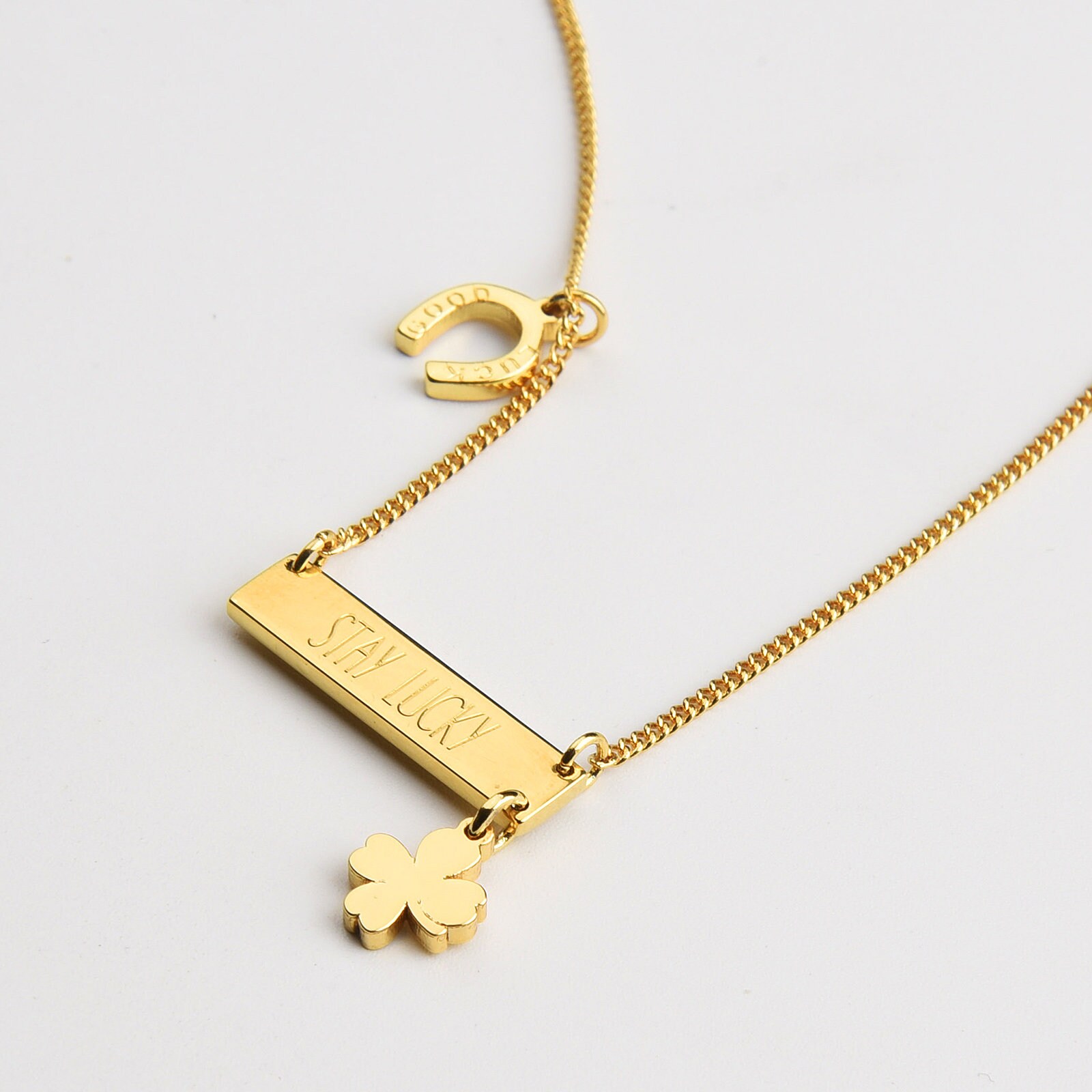 14k Gold Stay Lucky Hand Engraved Bar Necklace Good Luck | Etsy