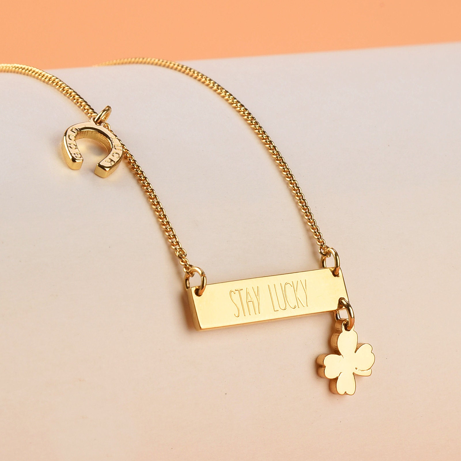 14k Gold Stay Lucky Hand Engraved Bar Necklace Good Luck | Etsy