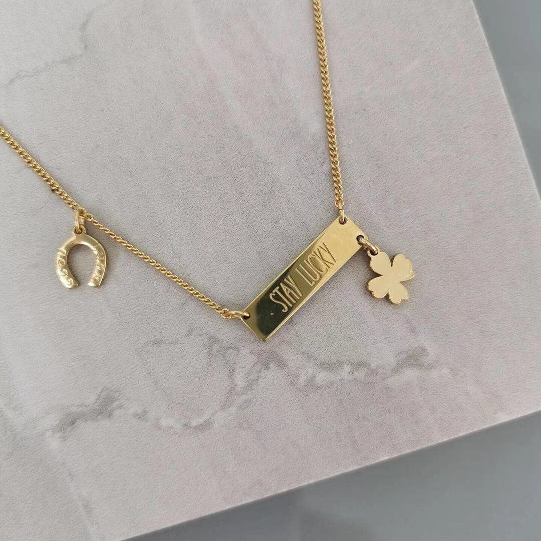 14k Gold Stay Lucky Hand Engraved Bar Necklace - Good Luck Charm ...