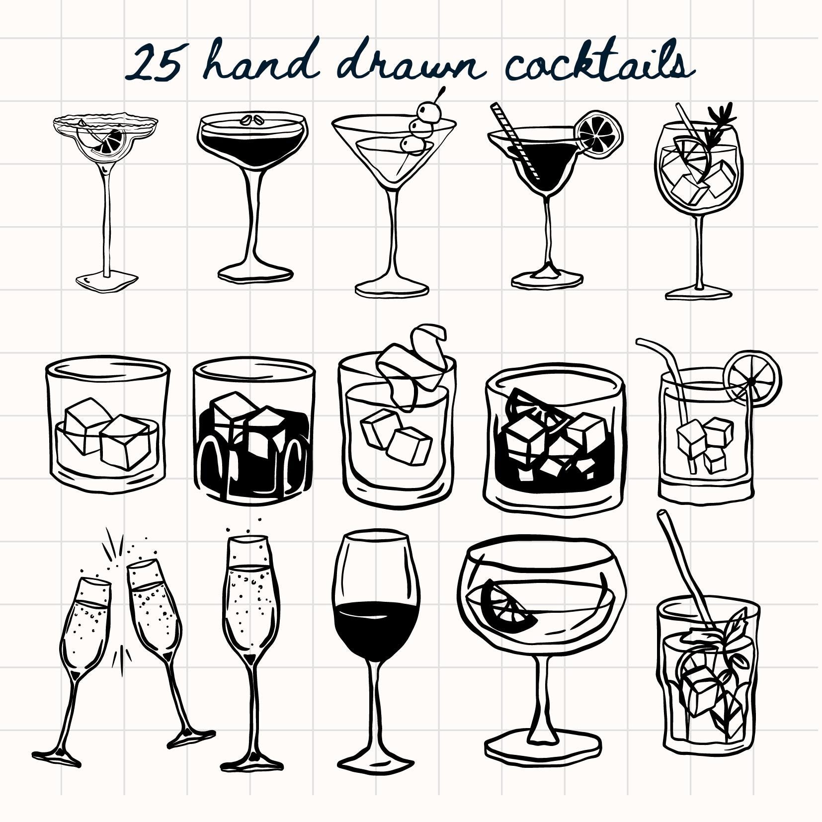 25 Hand Drawn Cocktail Illustrations - Digital Download | Cocktail Line ...