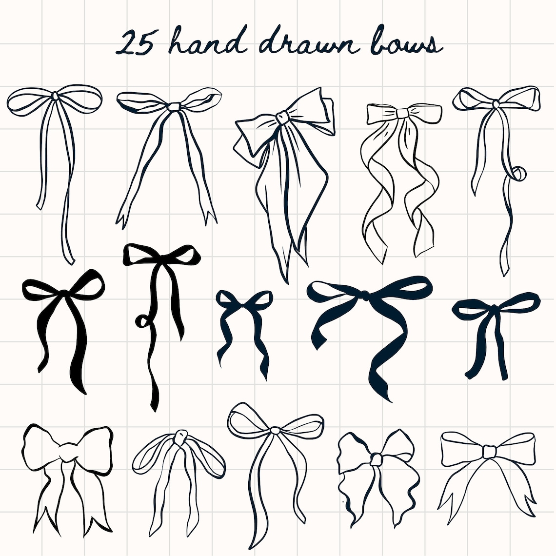 25 Hand Drawn Bow Illustrations - Digital Download | Bow Line Drawings ...