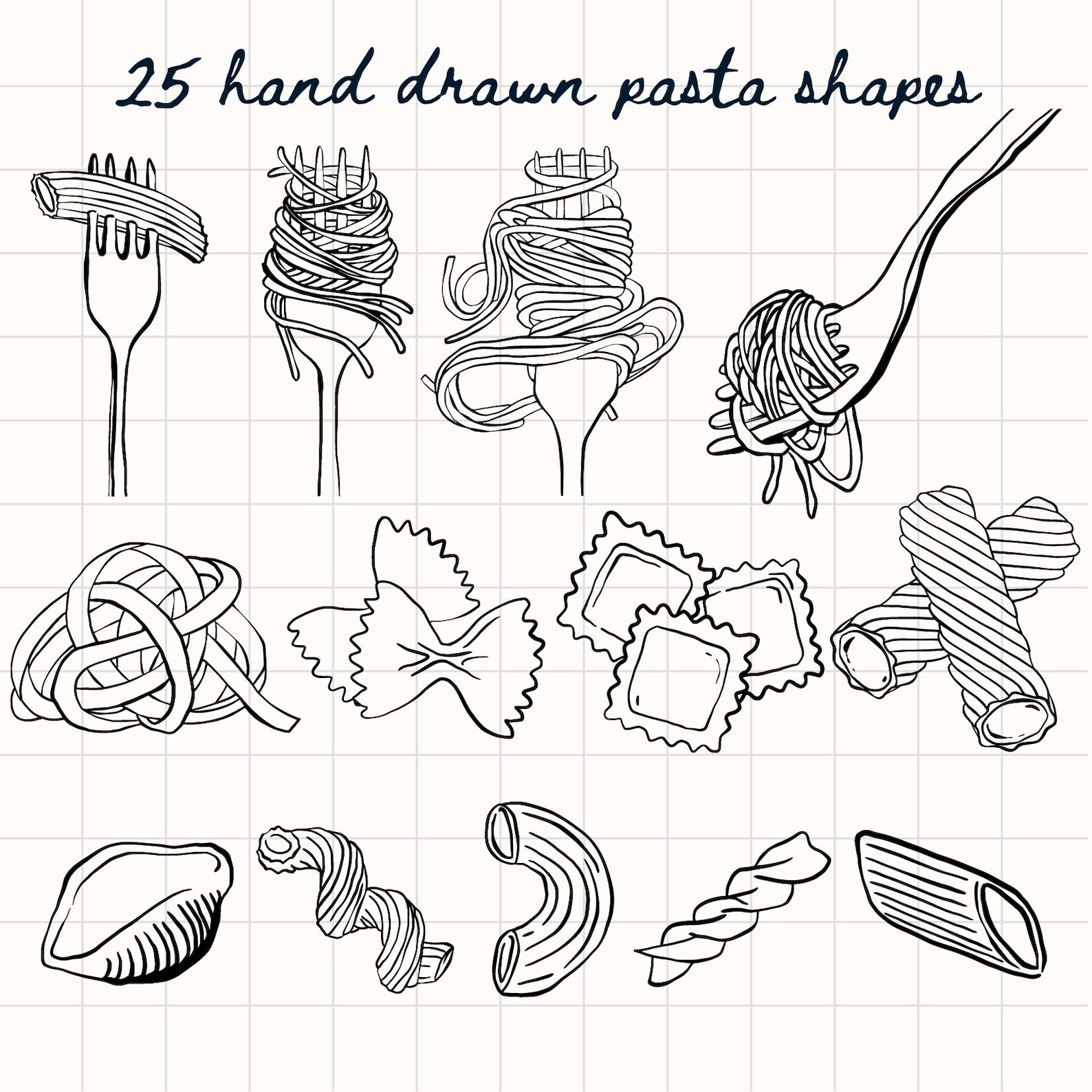 25 Hand Drawn Pasta Illustrations - Digital Download | Pasta Line ...
