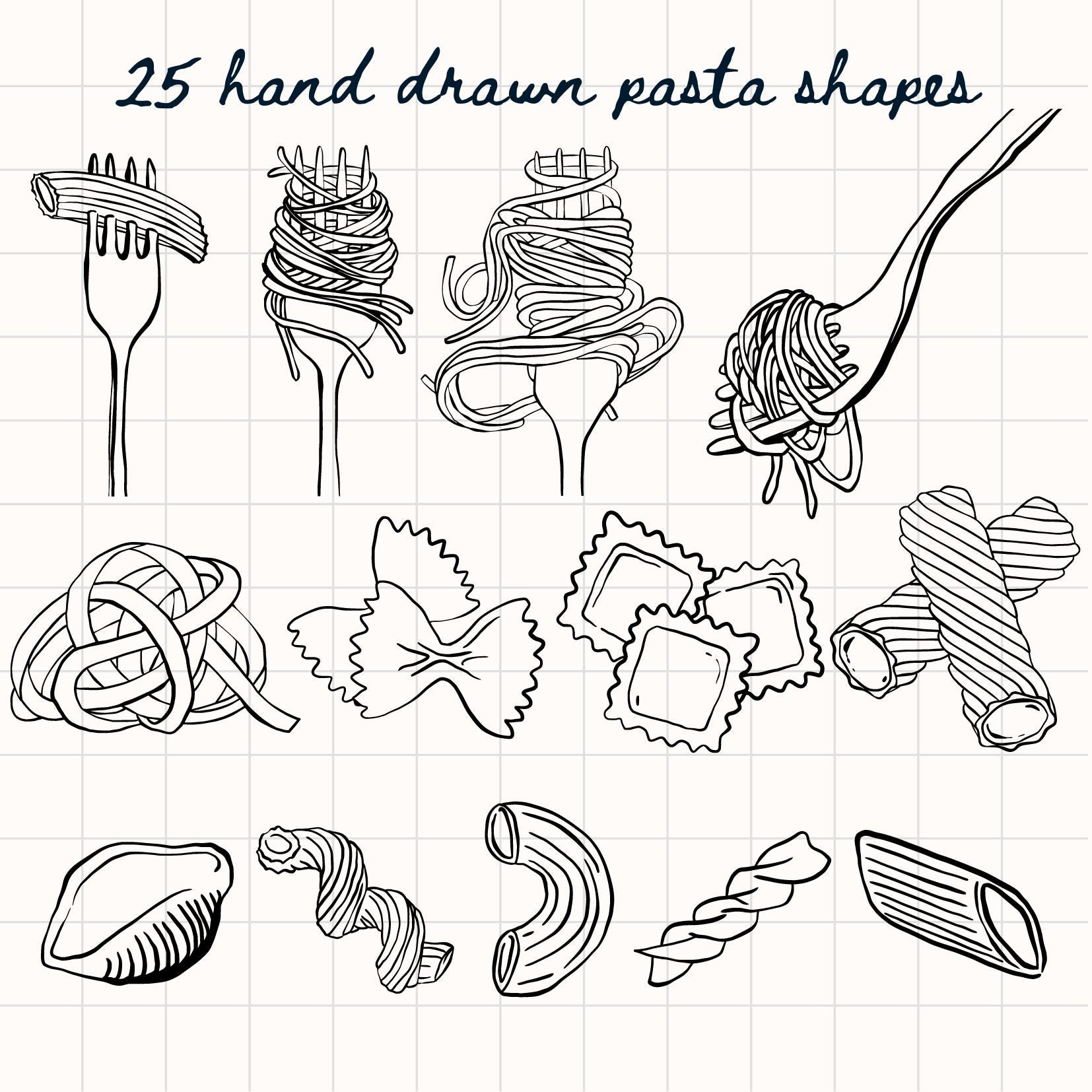 25 Hand Drawn Pasta Illustrations - Digital Download | Pasta Line ...