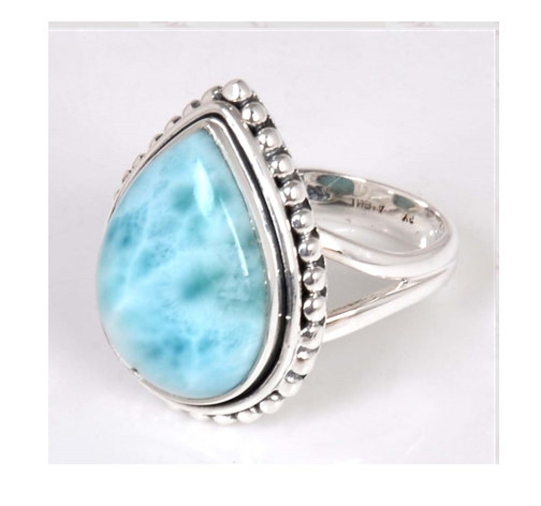Dominican Larimar Ring, 925 Sterling Silver, Blue Color Stone, Pear ...