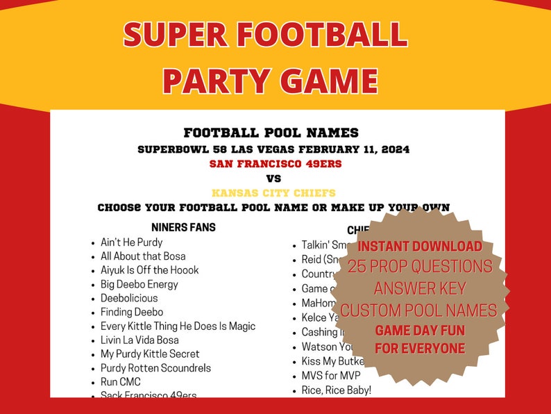 Super Football Party Game, Football Prop Bets With Clever Corny Team ...