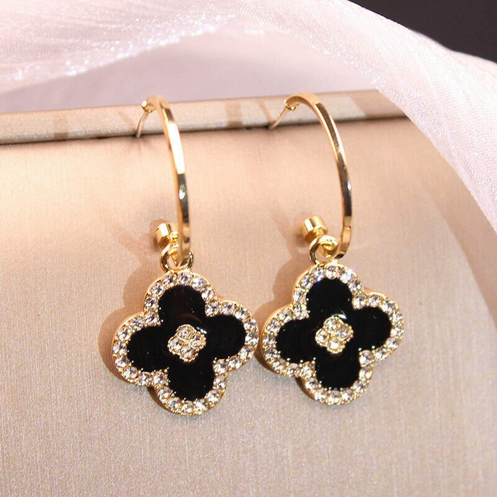 Black Four Leaf Clover Hooped Earrings With Gold Rims Gift - Etsy UK