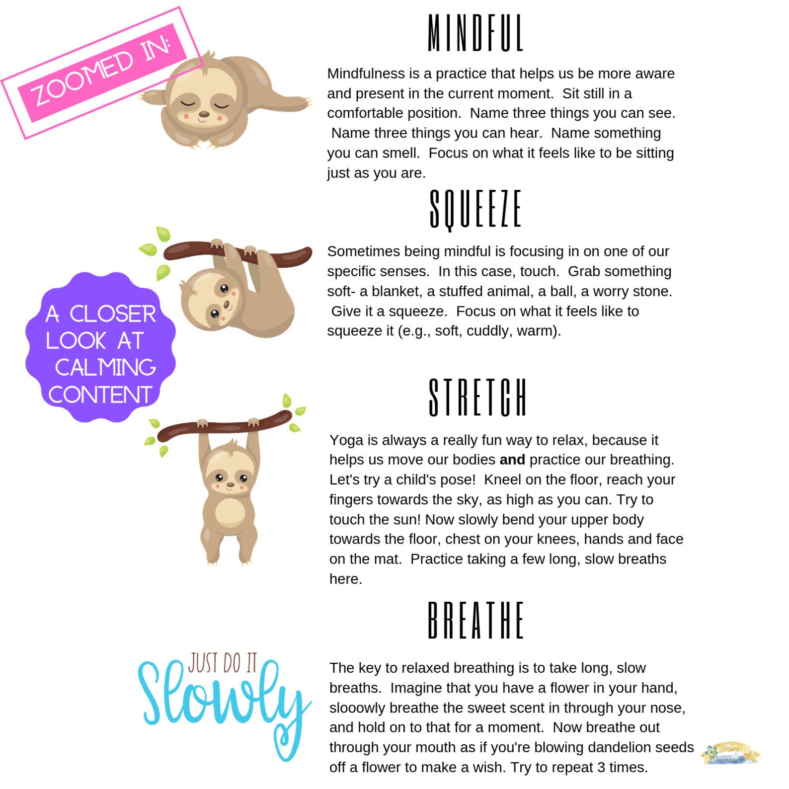 Sloth Relaxation Exercises Handout: Calm Down, Emotion Skills (digital ...