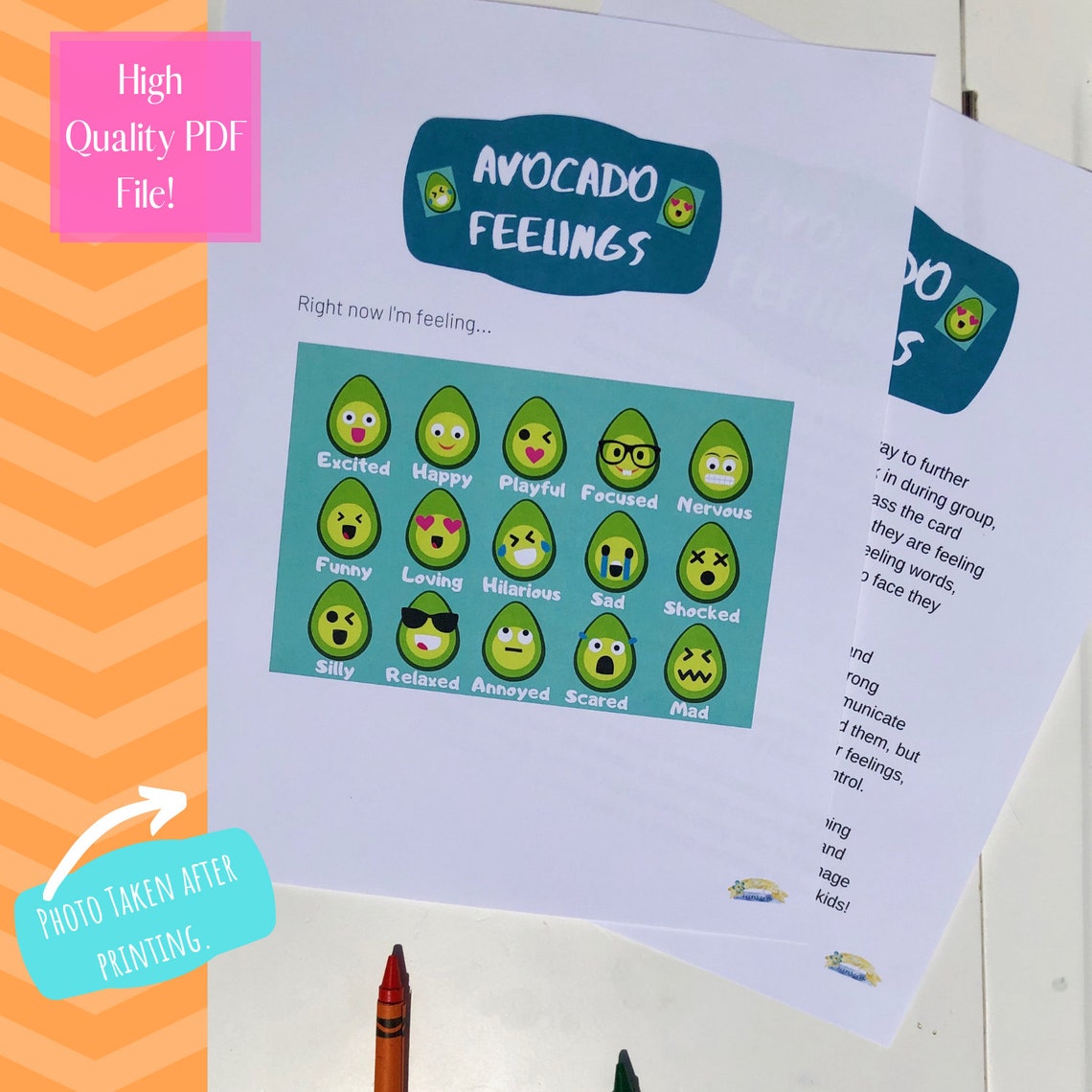 Feelings Chart (avocado), Printable Item (emotion Skills), Calming ...