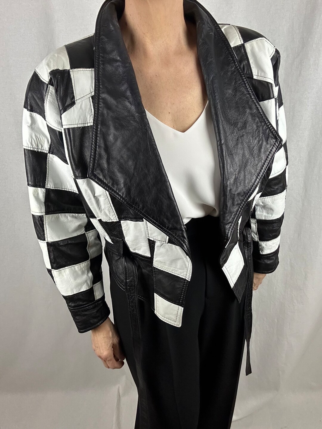 Cache Black and White Checkered Leather Cropped Wrap Jacket - Etsy