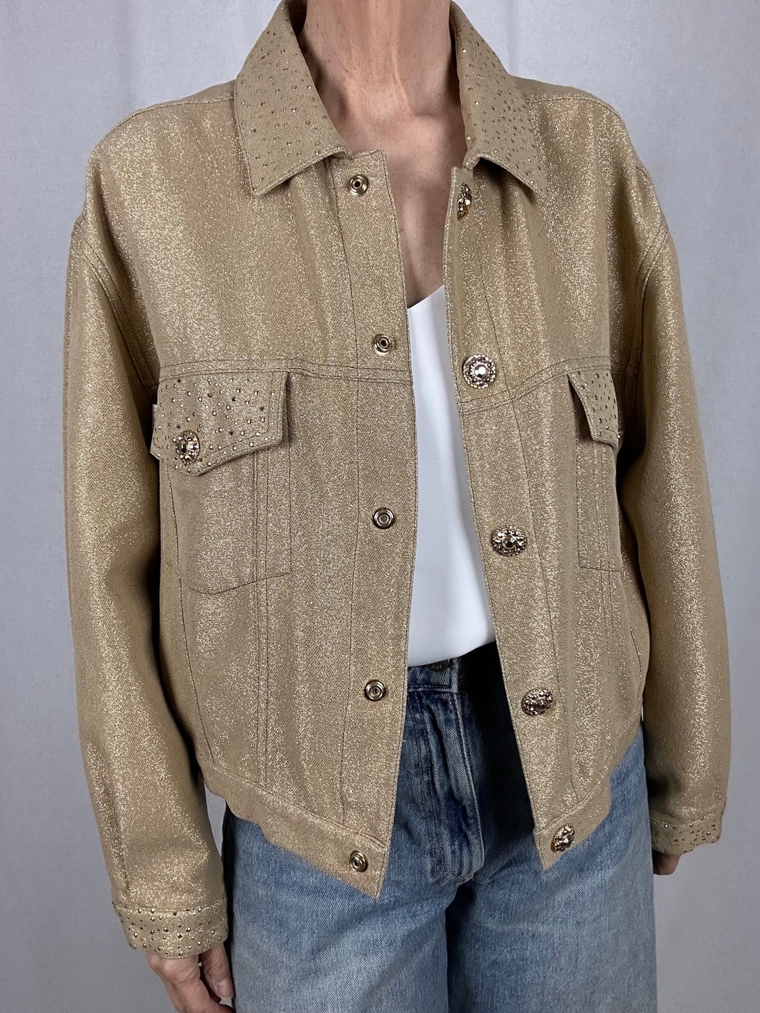 St John Signature Jeans Label, Gold Metallic Bomber Jacket, Jean Jacket ...