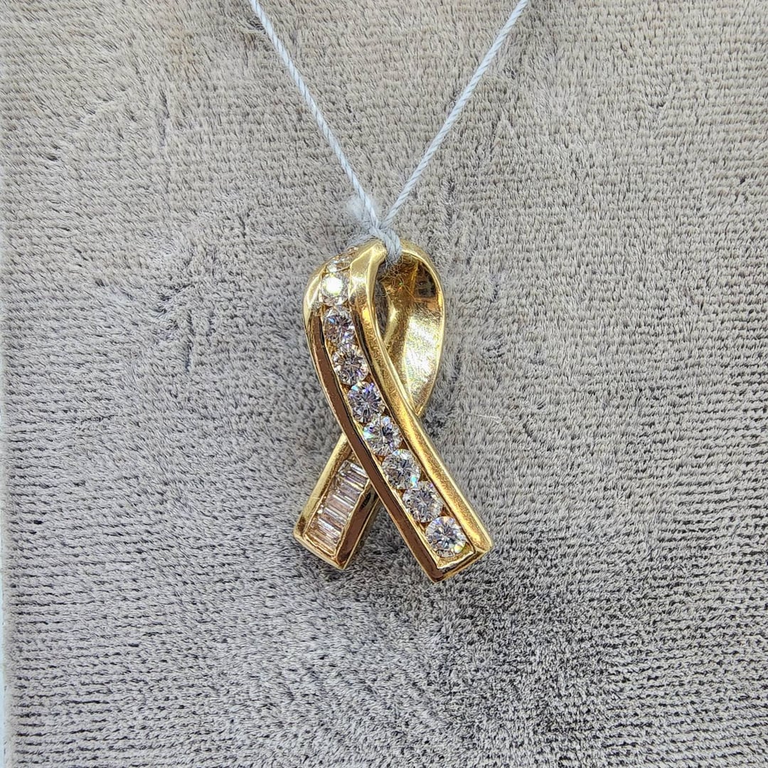 Vintage 14k Yellow Gold Breast Cancer Awareness Ribbon Pendant Roubd ...