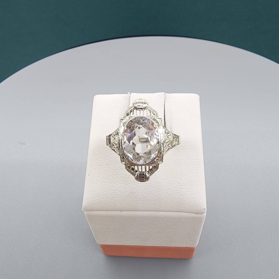 Estate Vintage 14k White Gold 10x8mm Oval Cut Crystal Bezel Set ...