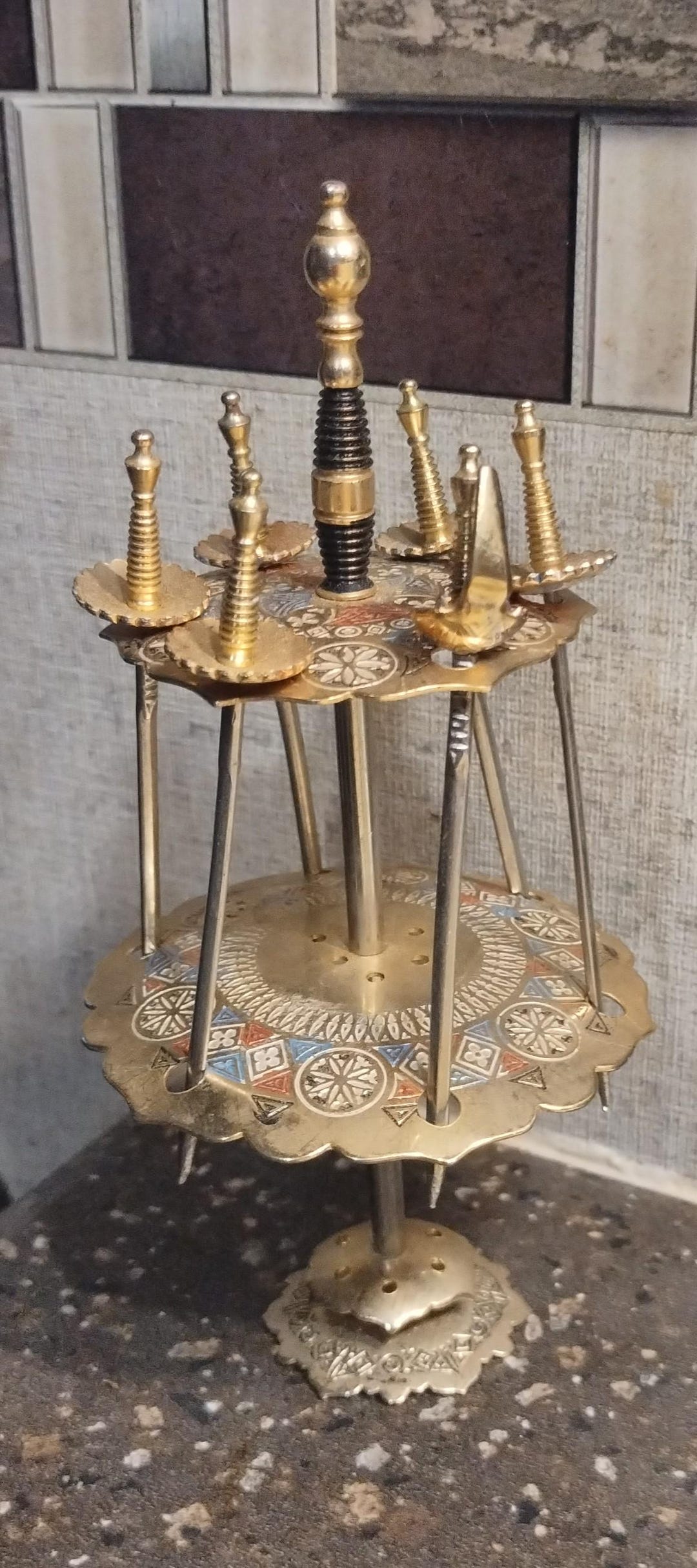 6 Brass Cocktail / Appetizer Swords & Stand. Toledo Brass Company. 1960 ...