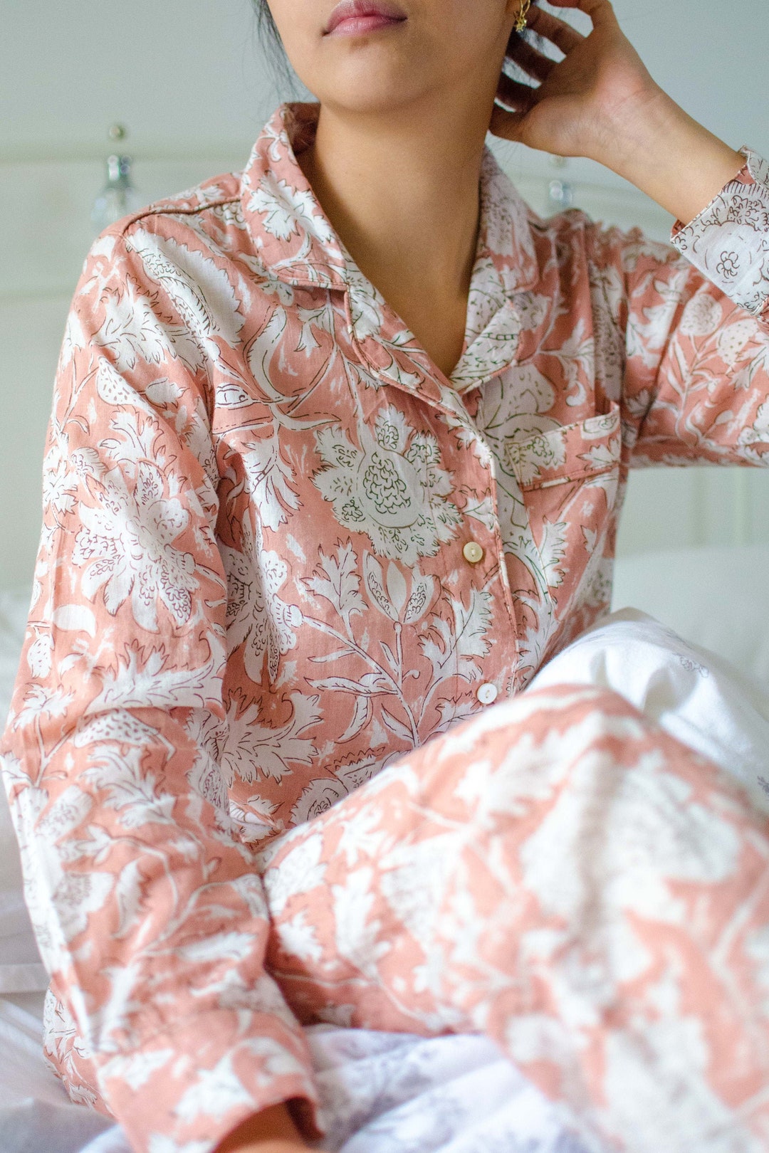 Luxury Rose Pink Womens Long Sleeve Pyjamas 100% Cotton Matching Set ...