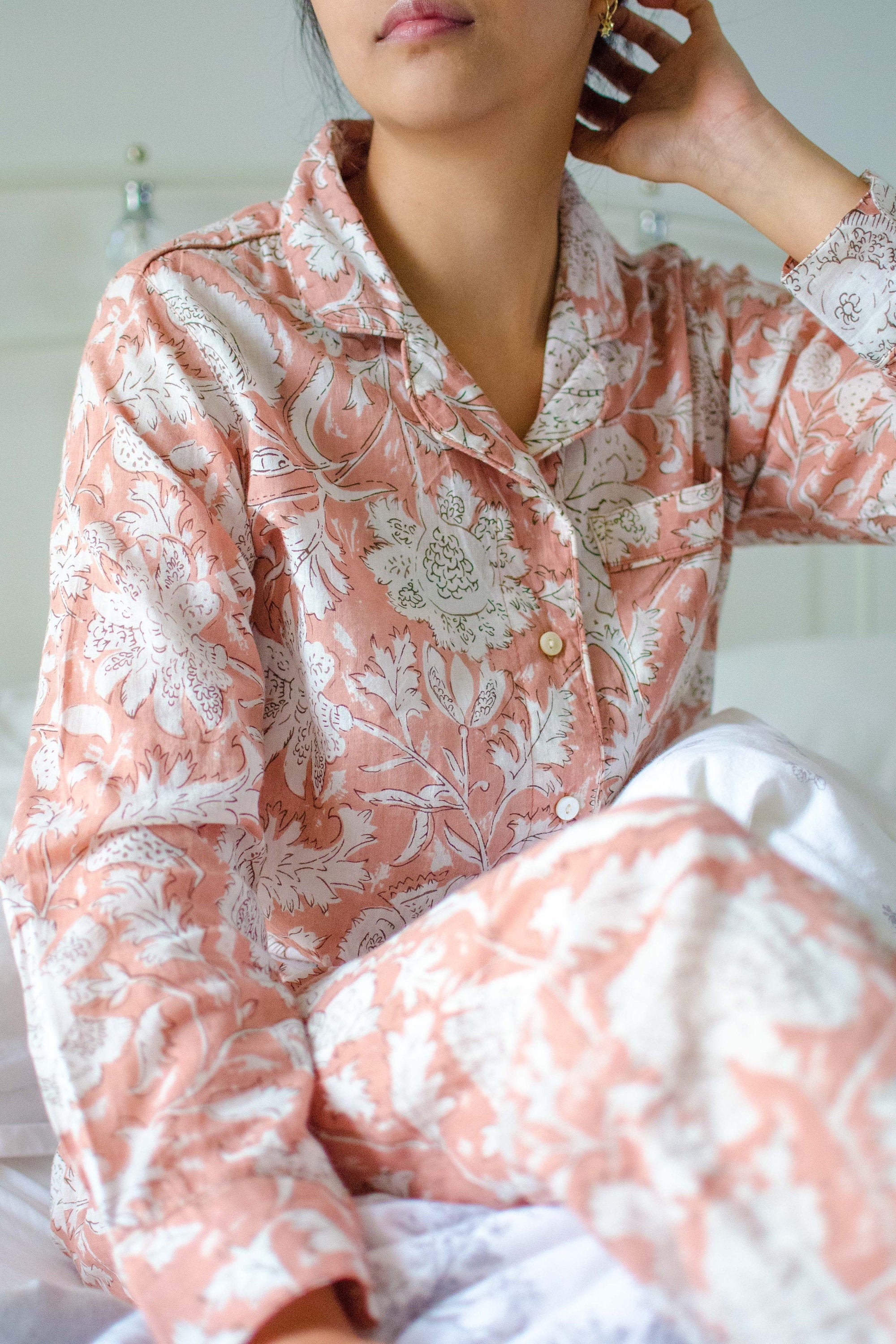 Luxury Rose Pink Womens Long Sleeve Pyjamas 100% Cotton Matching Set ...