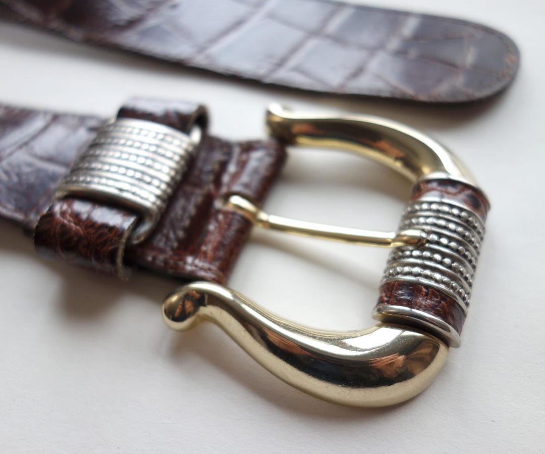 Vintage 90s Brown Leather Belt/golden Belt/big Gold Tone Buckle Belt ...
