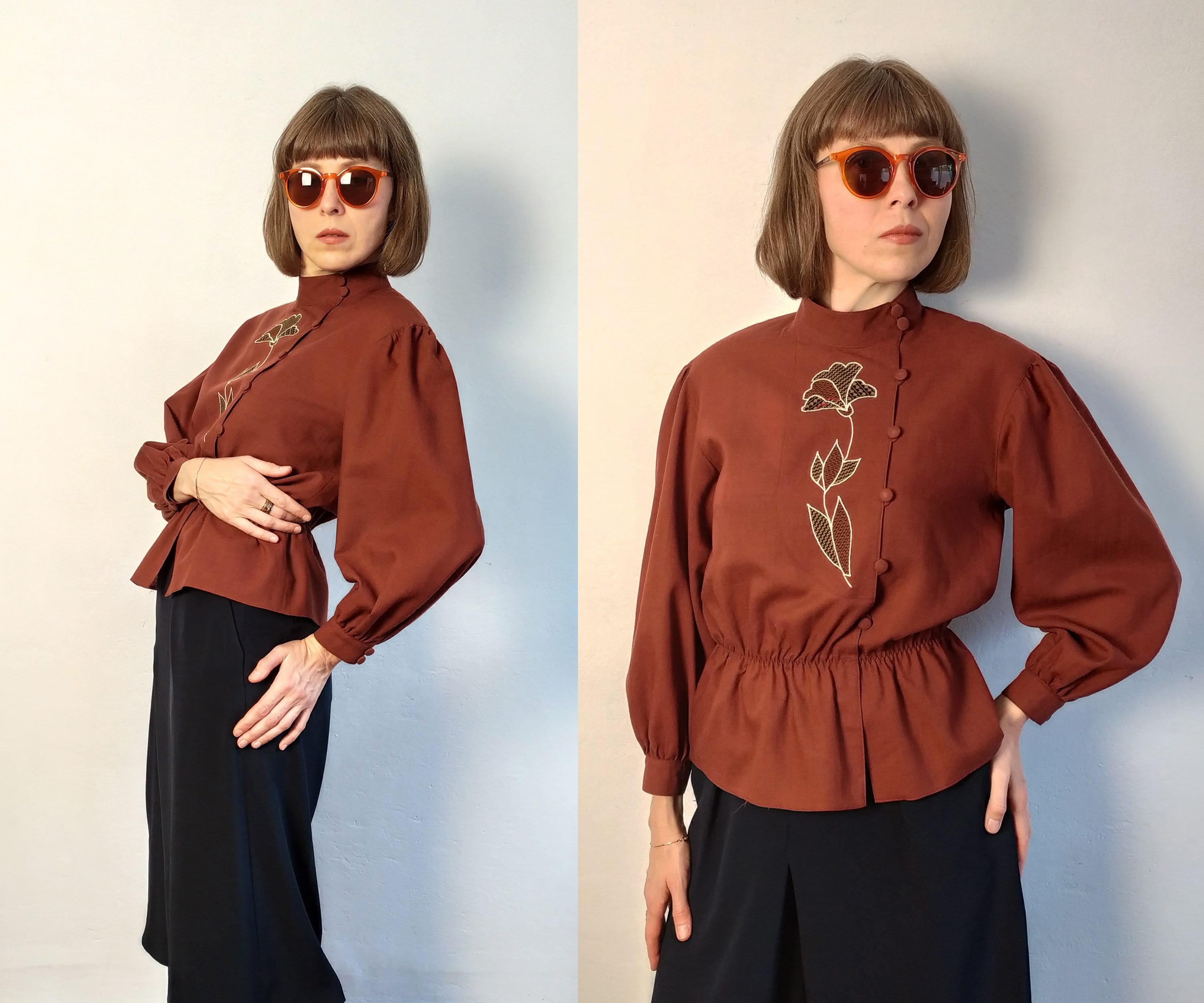 Rare 80's Does 20's Wool Cossack Shirt/brown Terracotta Blouse/applique ...