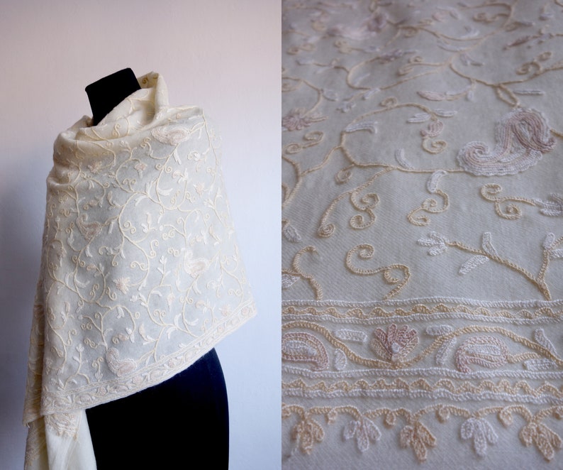 Vintage Pashmina Cream Shawl/embroidered Wool Shawl/cashmere Pashmina ...