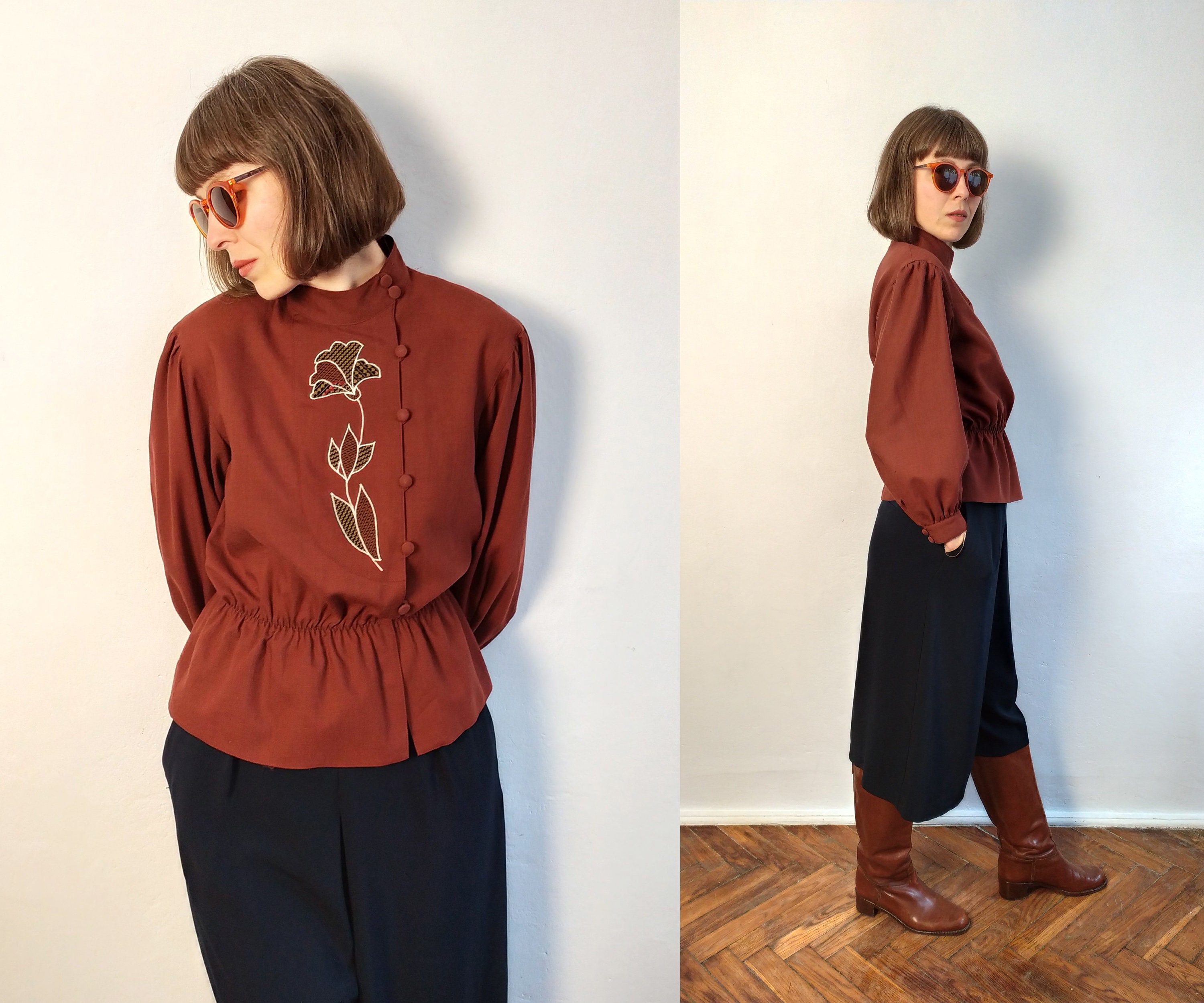 Rare 80's Does 20's Wool Cossack Shirt/brown Terracotta Blouse/applique ...