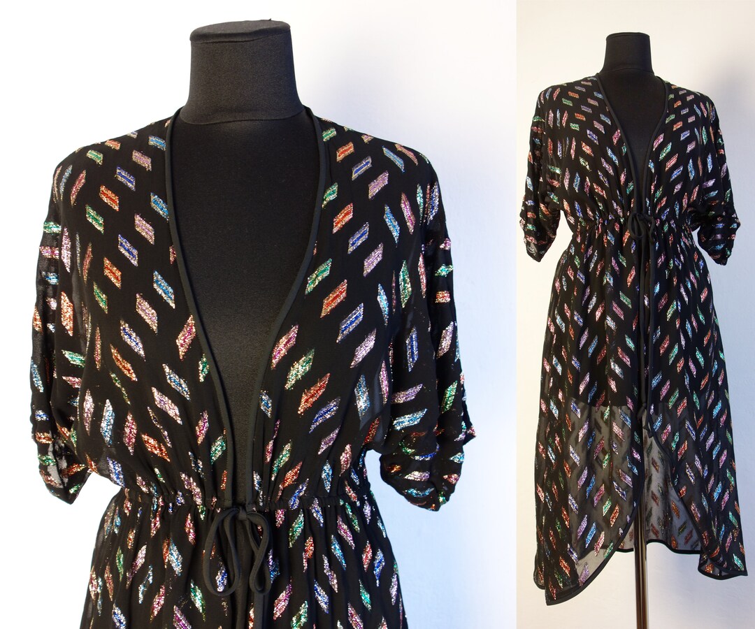 Vintage Lurex Kimono Tunic/belted Black Long Tunic/shine Lurex Kimono ...