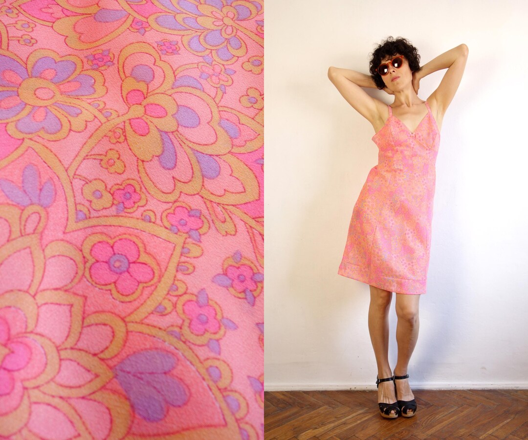 Vintage 60's Pink Bra Negligee/psychedelic Print Negligee/strap Dress ...
