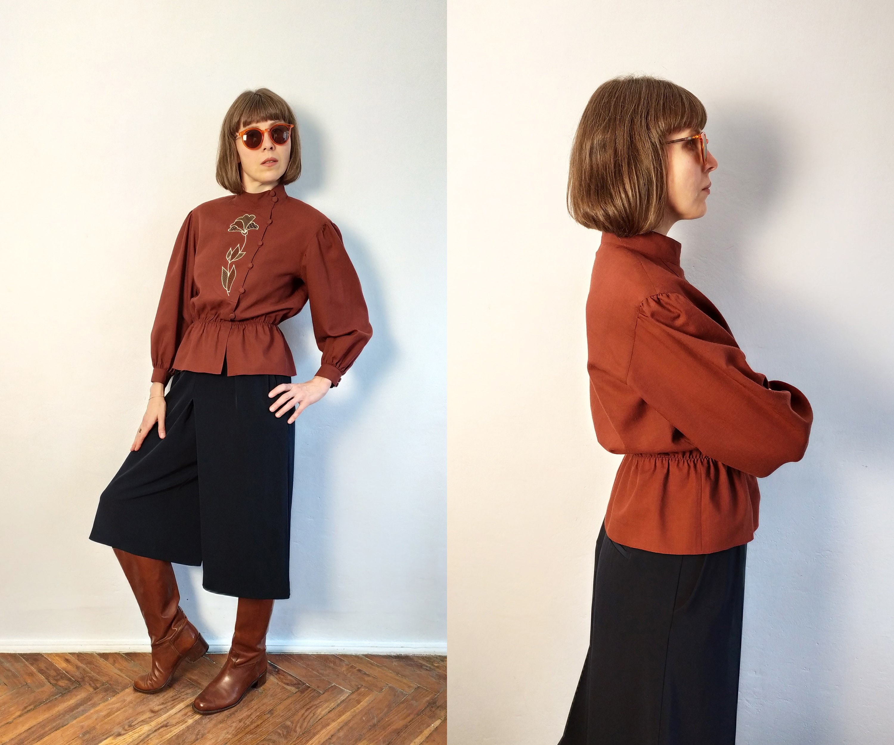 Rare 80's Does 20's Wool Cossack Shirt/brown Terracotta Blouse/applique ...