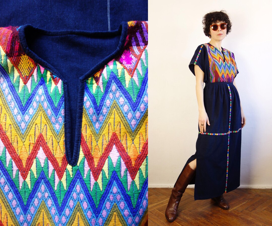 Vintage 70s Guatemalan Indigo Embroidered Dress/cotton Denim Caftan ...