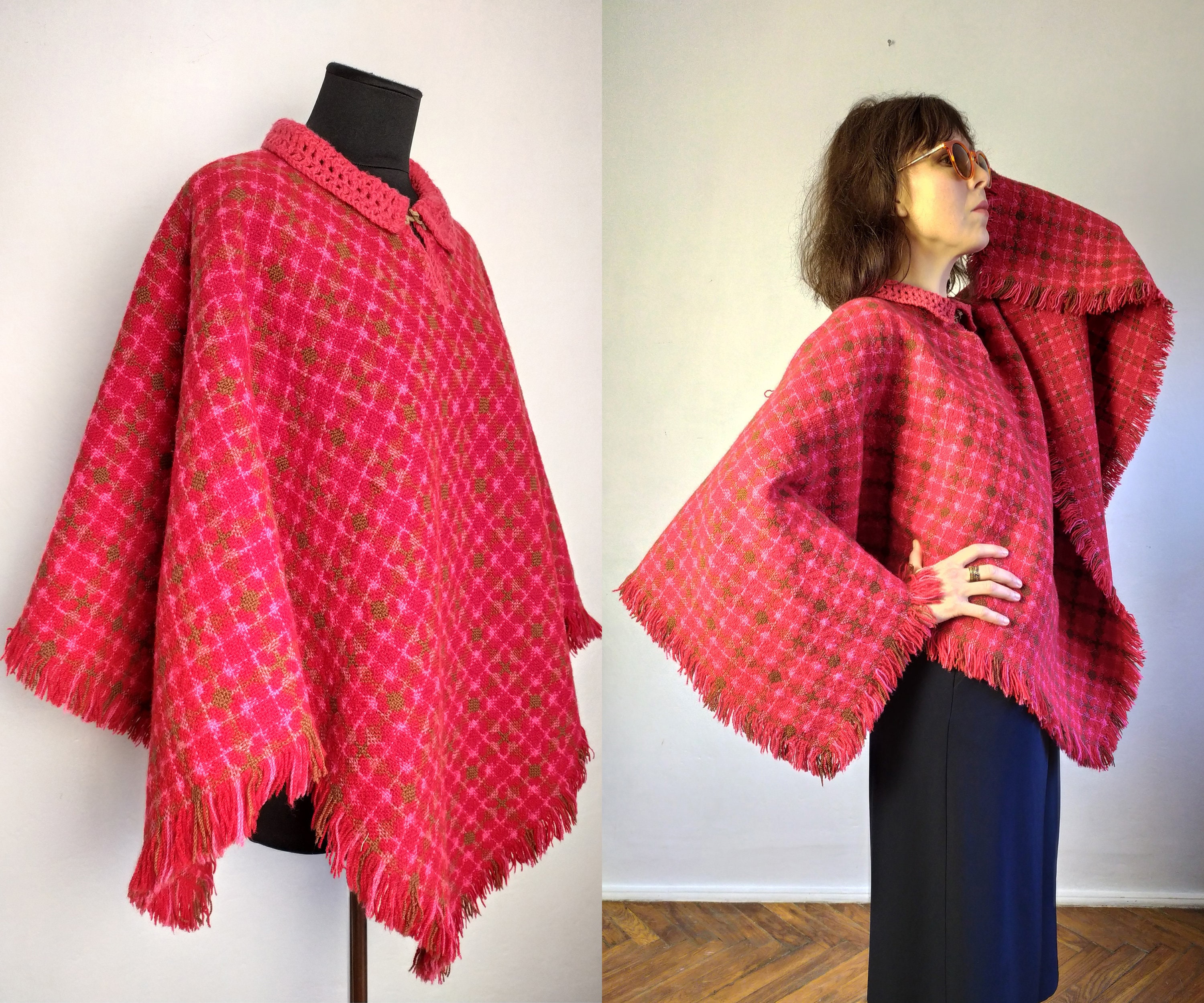 Vintage Woven Wool Poncho/handmade Soft Wool Poncho/ladies Red Poncho ...
